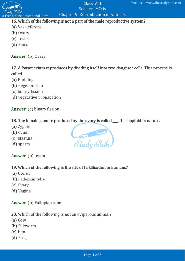 Class 8 Science Chapter 9 Reproduction in Animals MCQ with Answers
