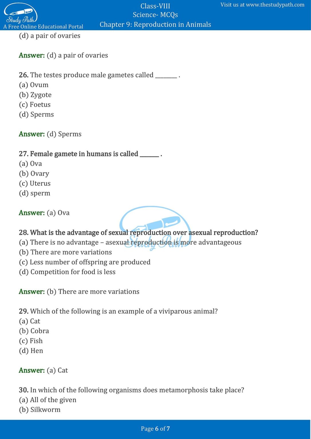 Class 8 Science Chapter 9 Reproduction In Animals MCQ With Answers