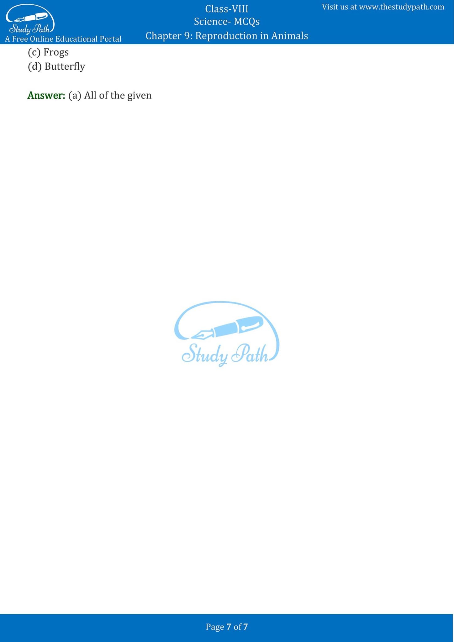 Class 8 Science Chapter 9 Reproduction in Animals MCQ with Answers