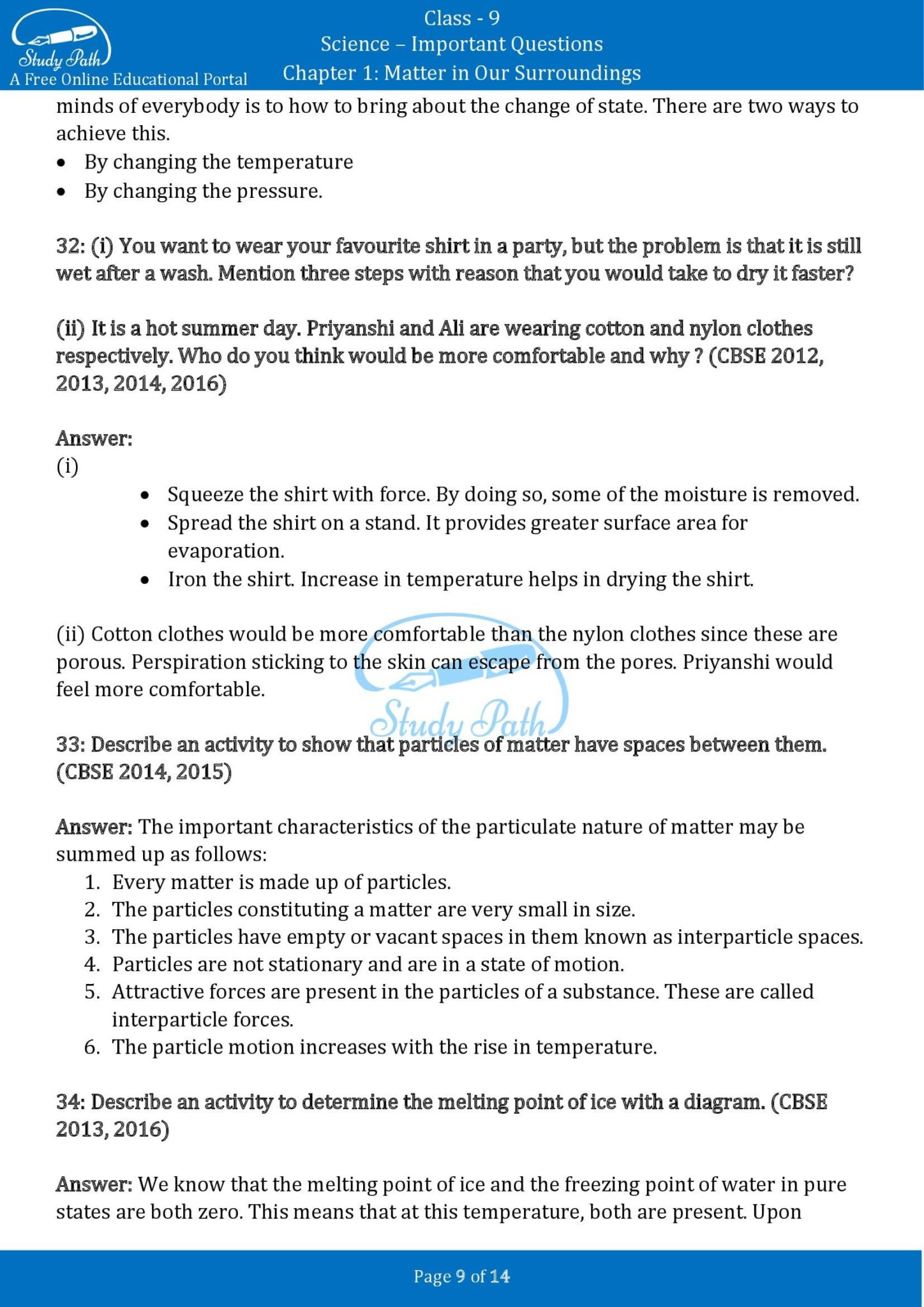 Important Questions for Class 9 Science Chapter 1 Matter in Our Surroundings