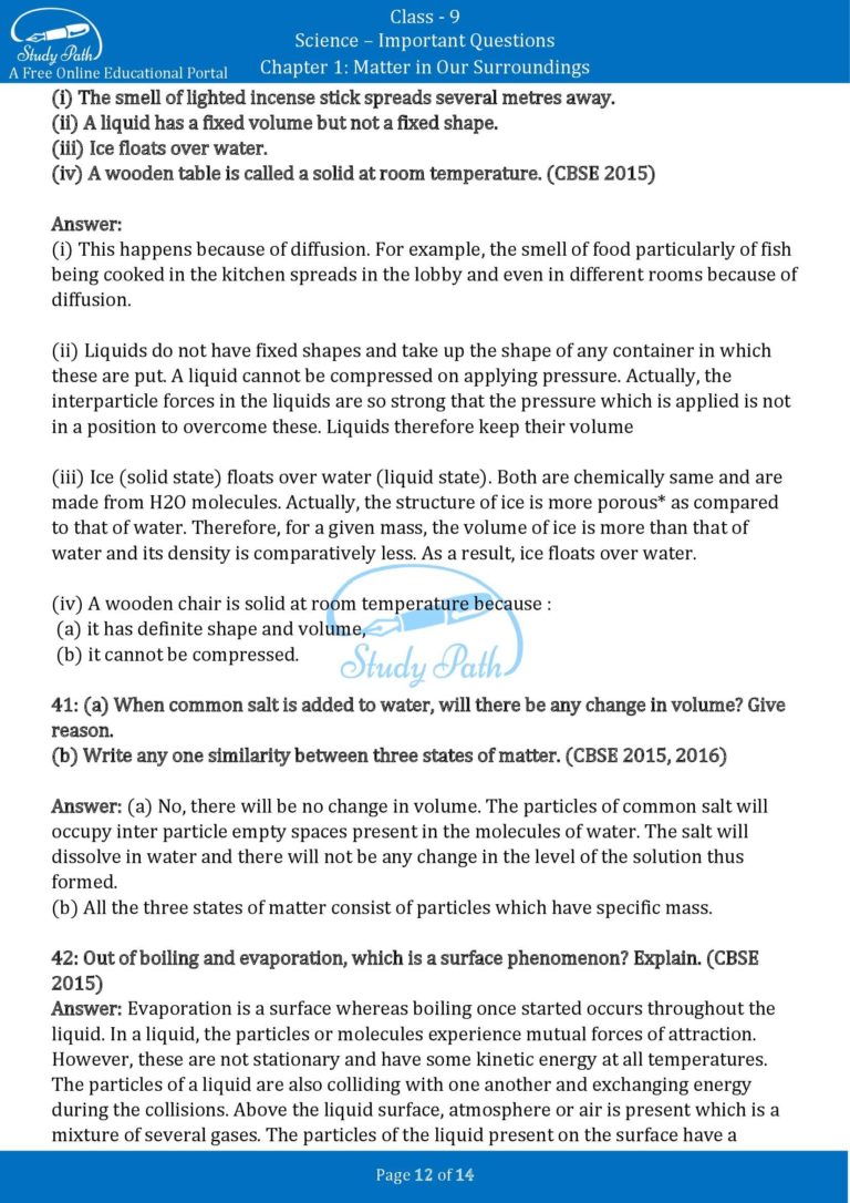 Important Questions for Class 9 Science Chapter 1 Matter in Our ...
