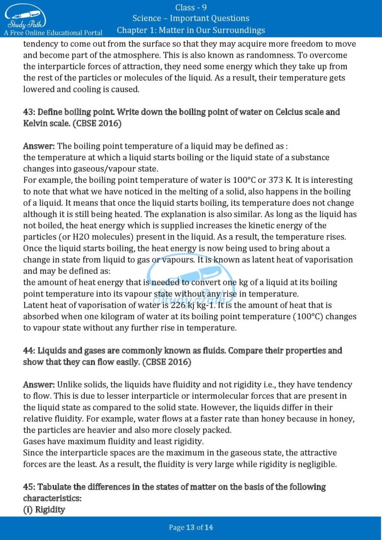 Important Questions for Class 9 Science Chapter 1 Matter in Our Surroundings