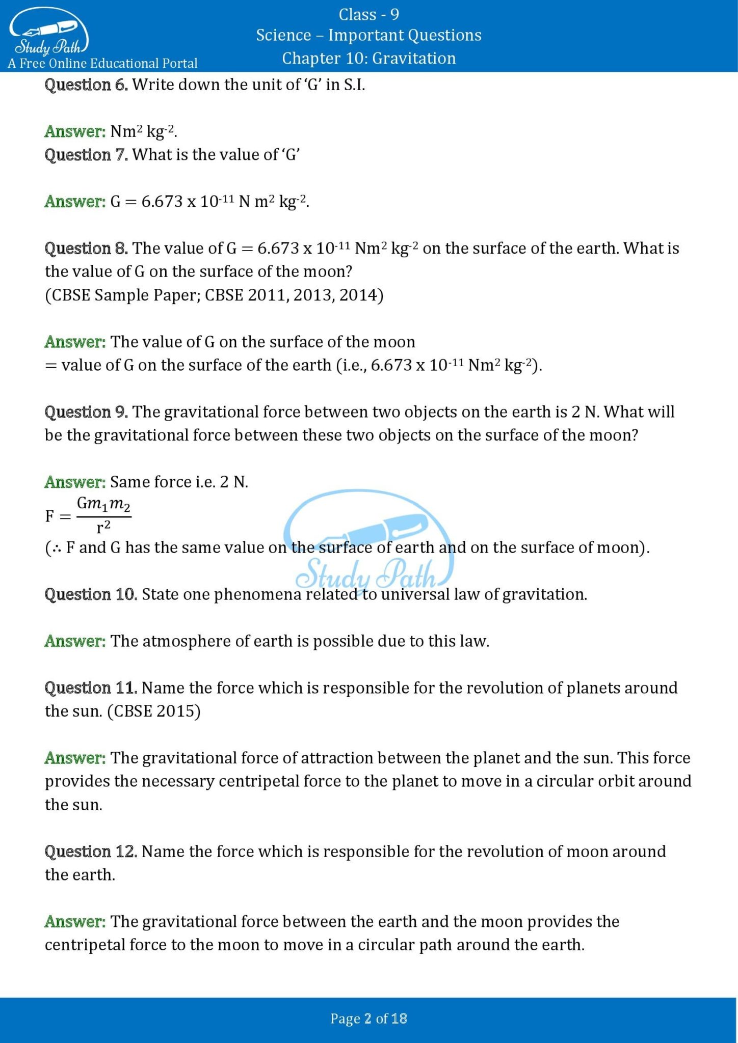 Important Questions for Class 9 Science Chapter 10 Gravitation – Study Path