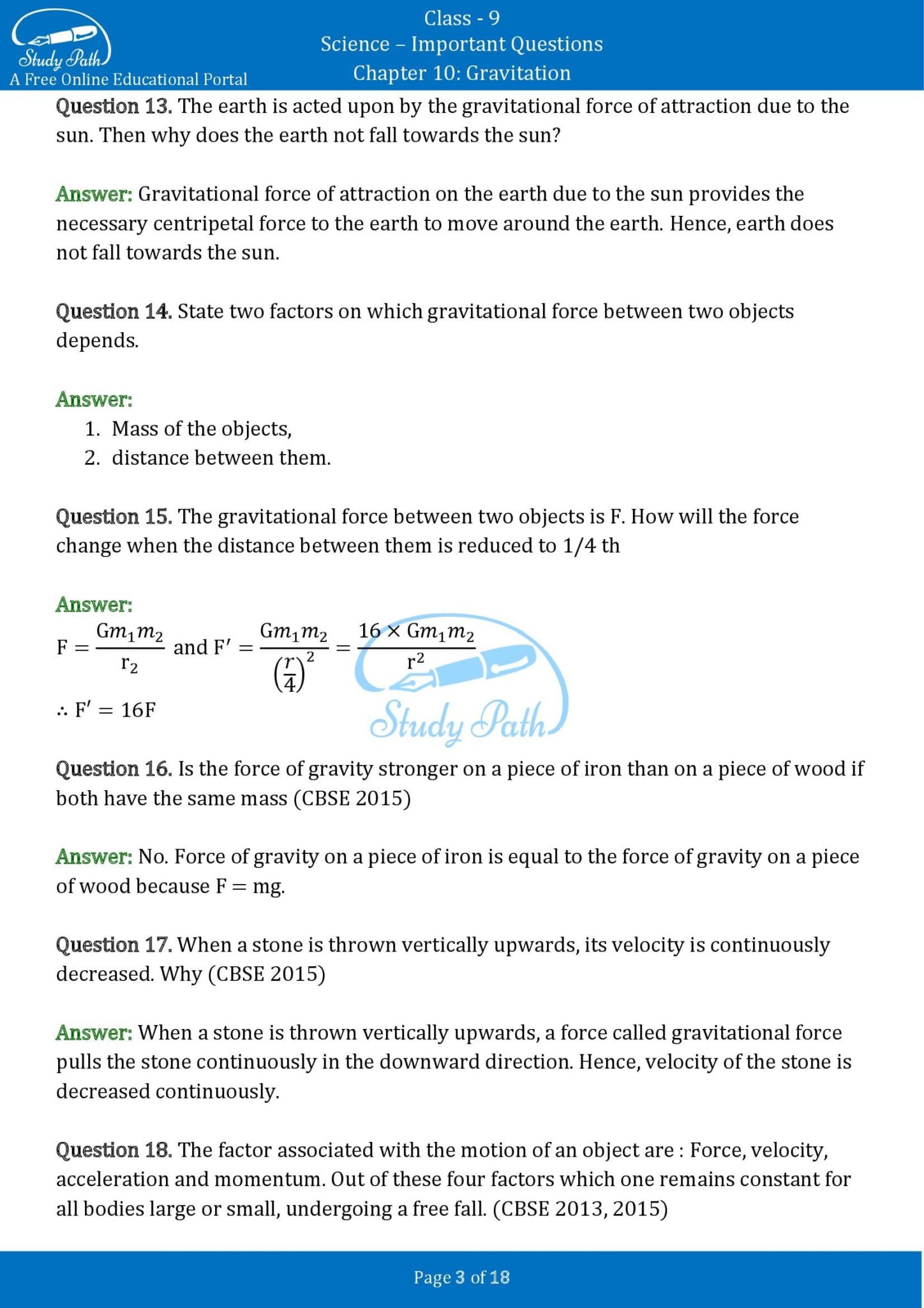 Important Questions for Class 9 Science Chapter 10 Gravitation – Study Path
