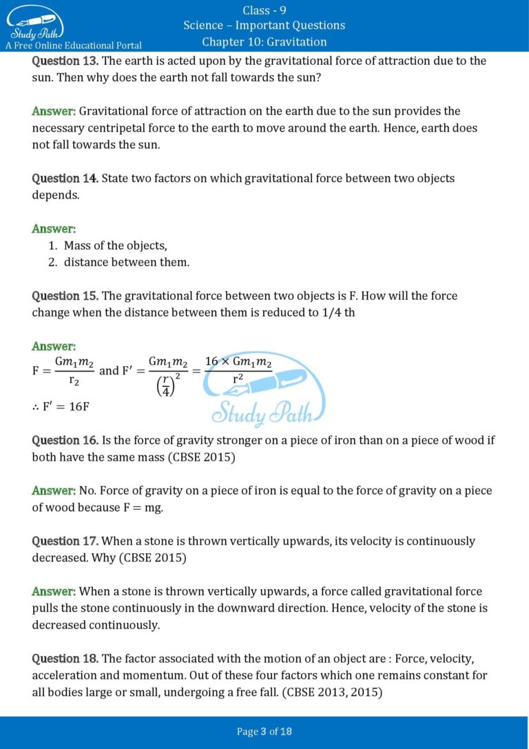 Important Questions for Class 9 Science Chapter 10 Gravitation – Study Path