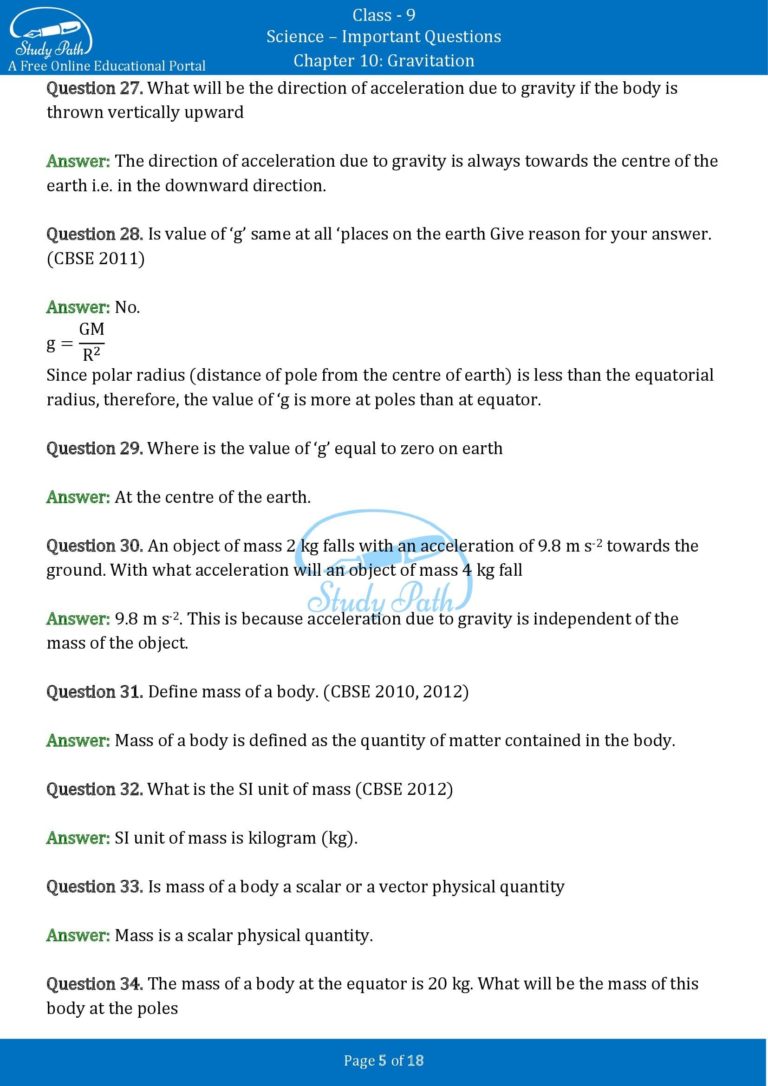 Important Questions for Class 9 Science Chapter 10 Gravitation – Study Path