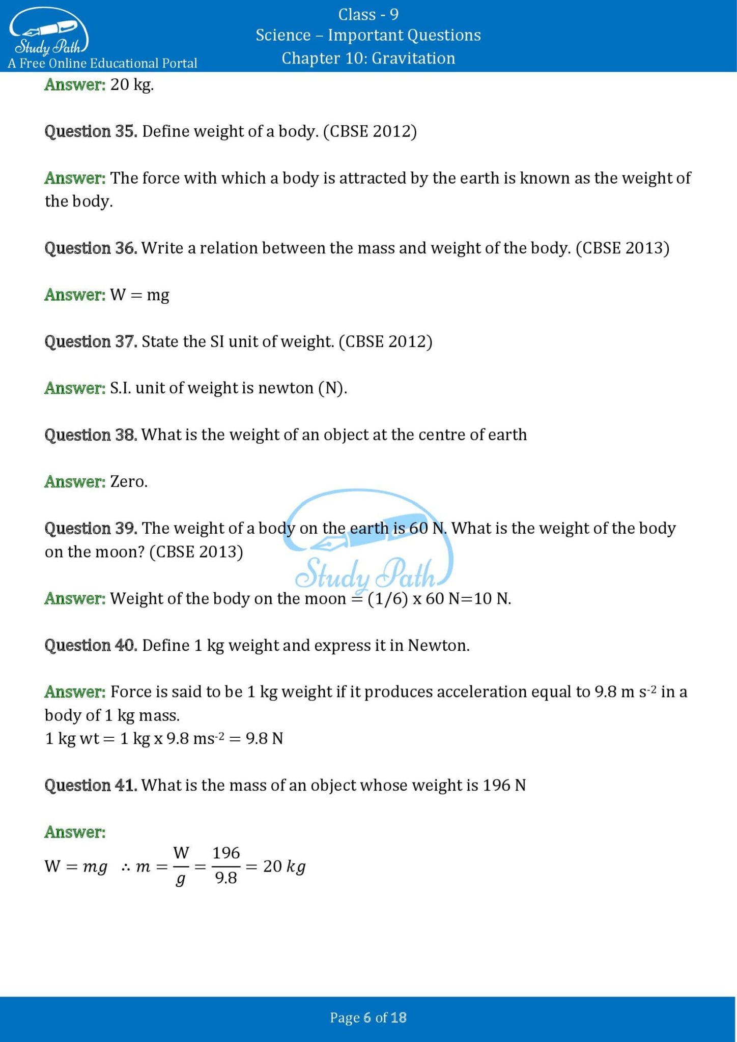 Important Questions for Class 9 Science Chapter 10 Gravitation – Study Path