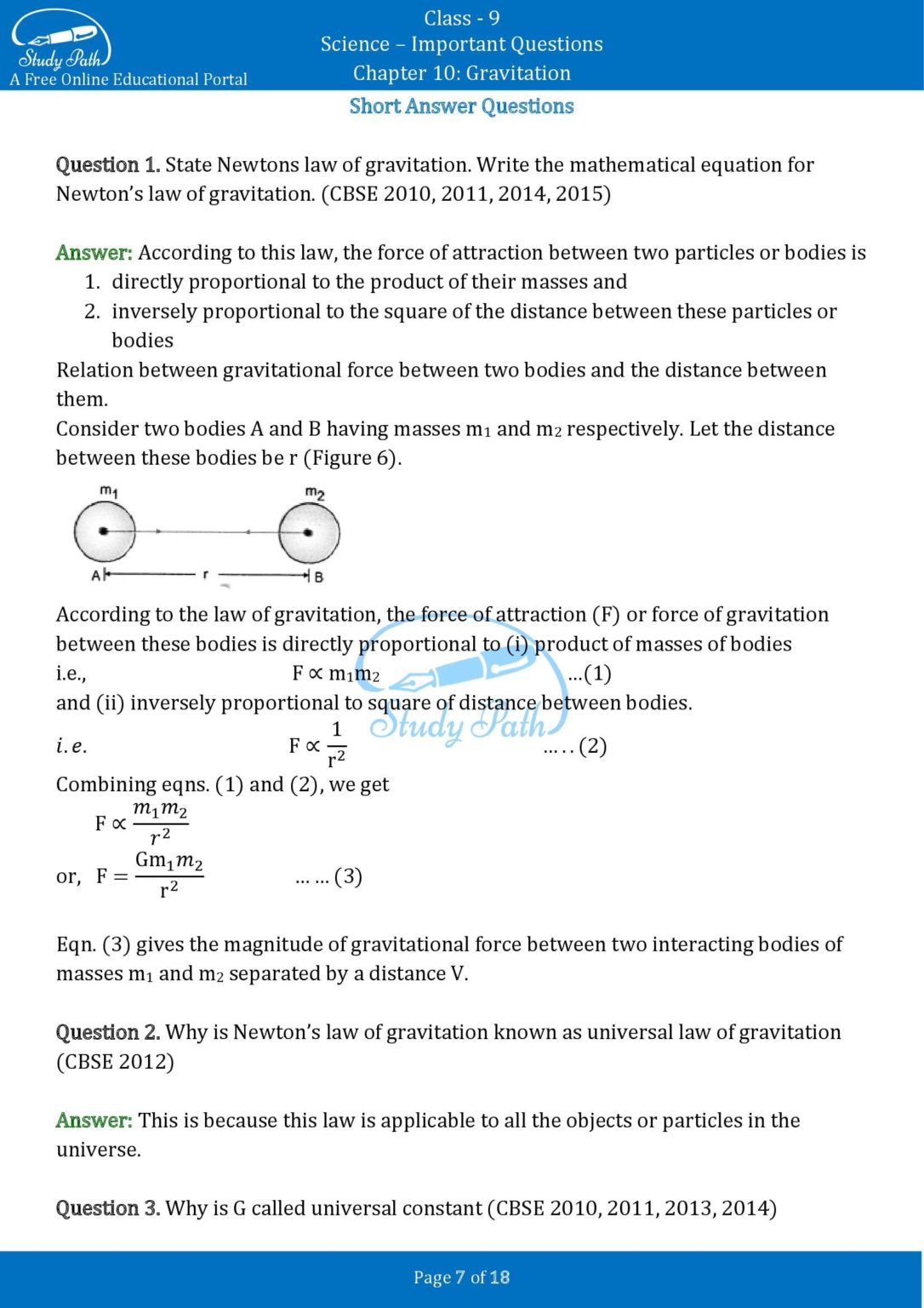 Important Questions for Class 9 Science Chapter 10 Gravitation – Study Path