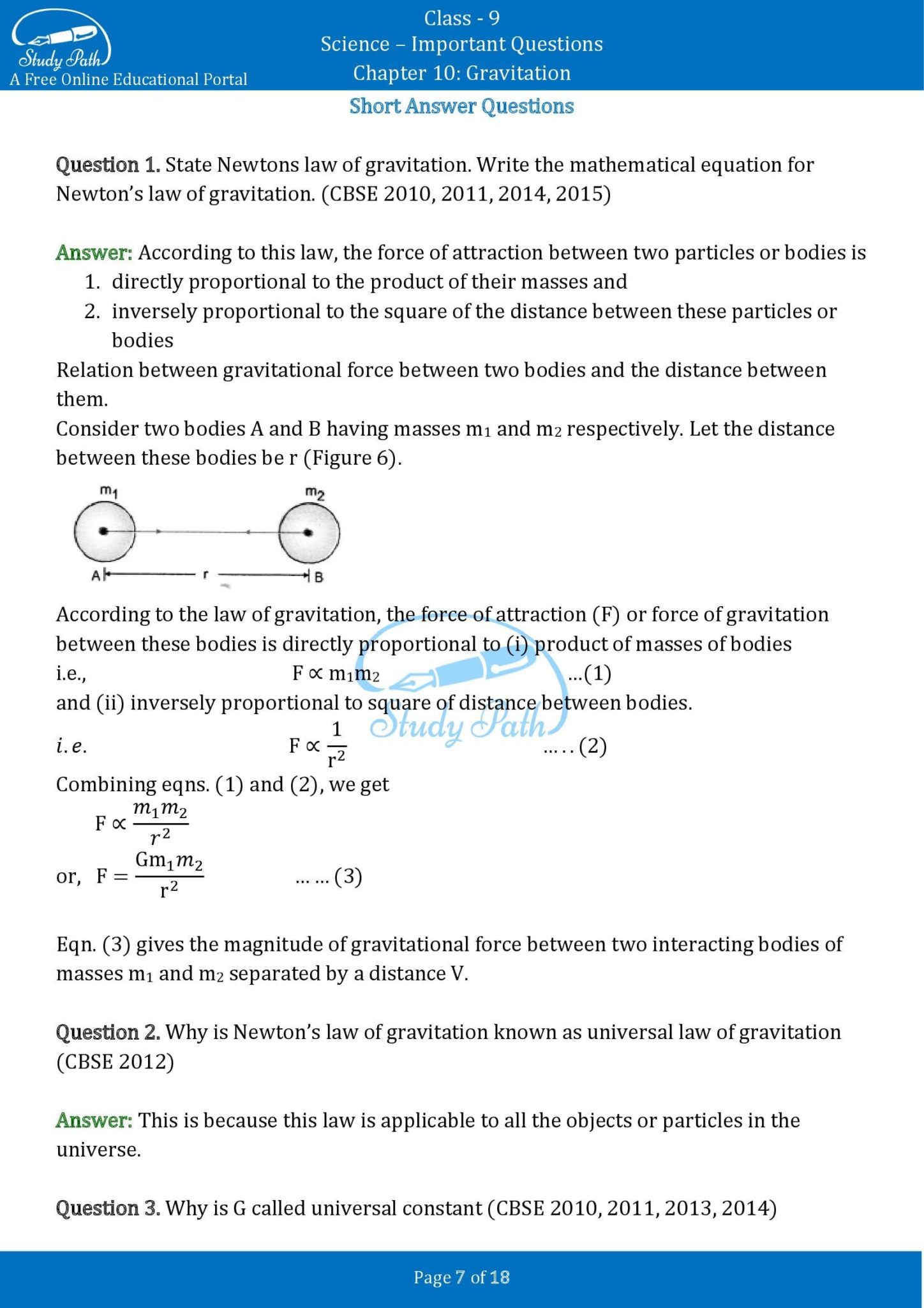 Important Questions for Class 9 Science Chapter 10 Gravitation – Study Path
