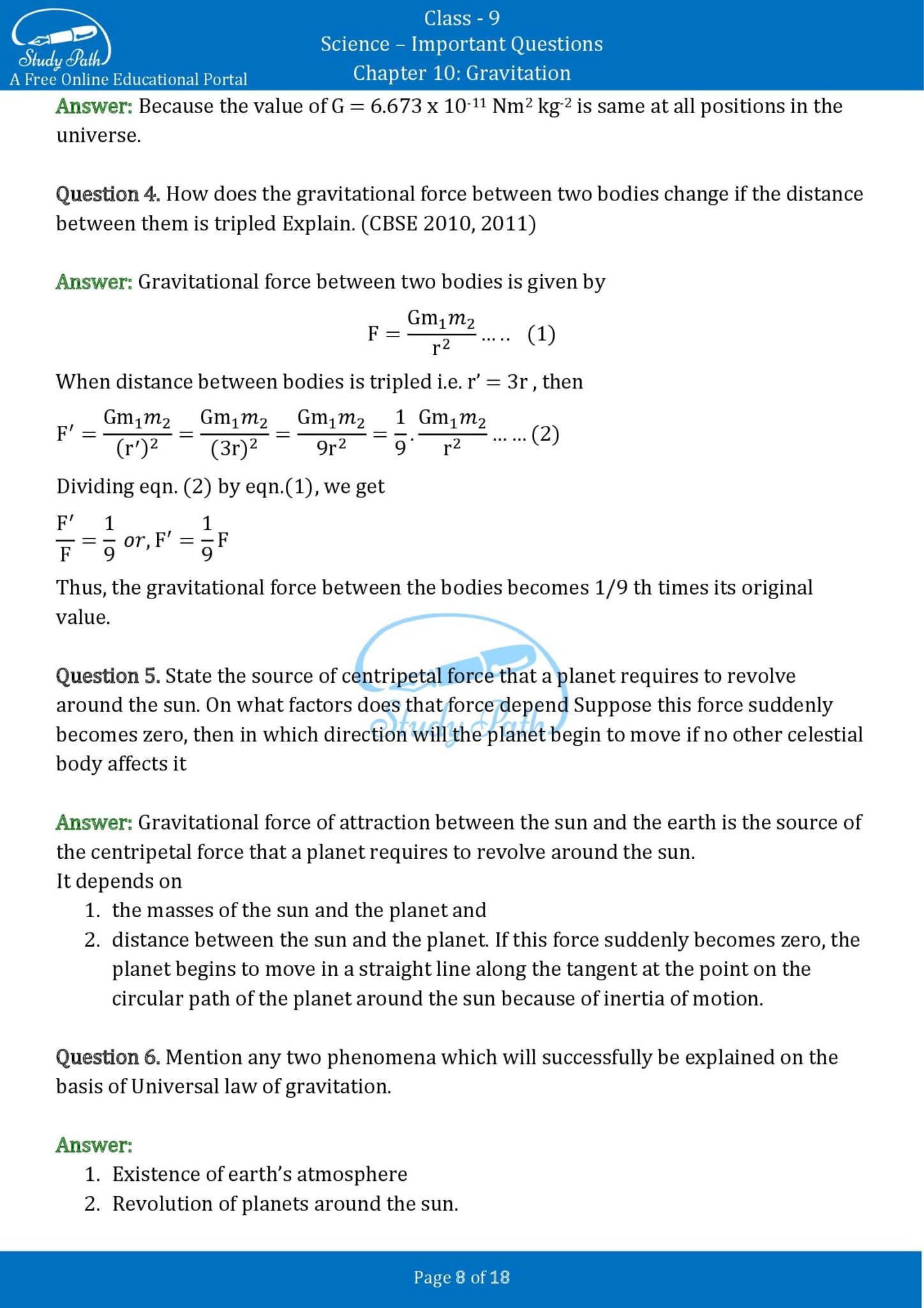 Important Questions for Class 9 Science Chapter 10 Gravitation – Study Path