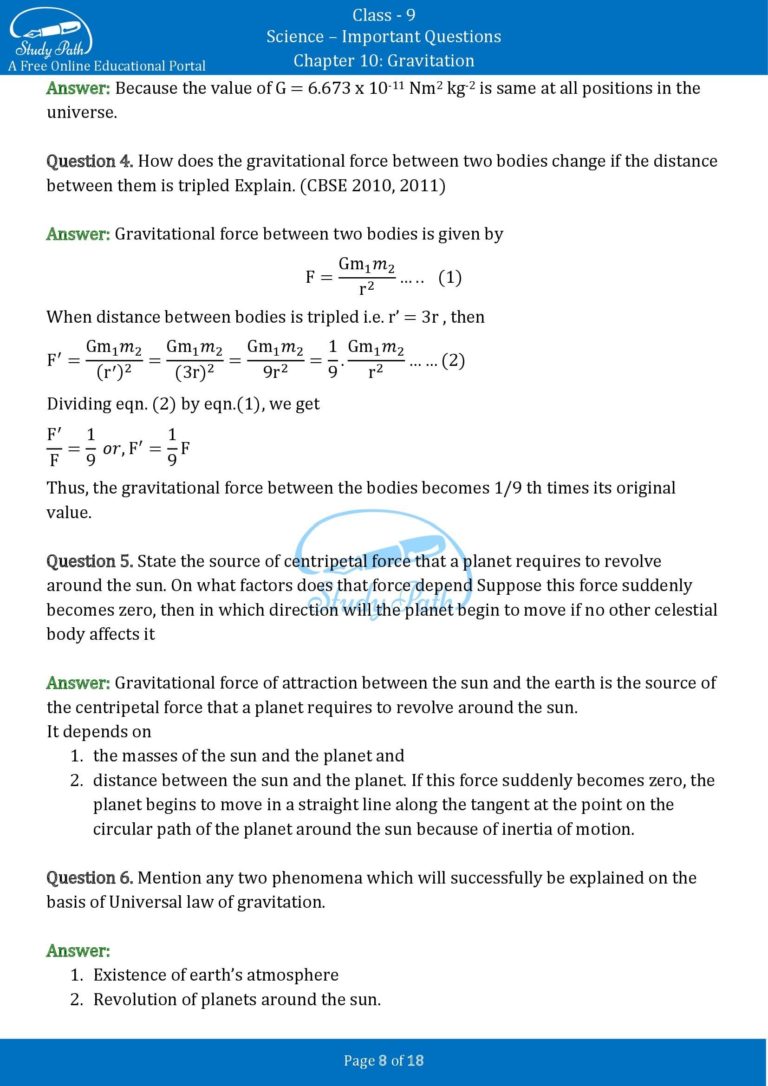 Important Questions for Class 9 Science Chapter 10 Gravitation – Study Path