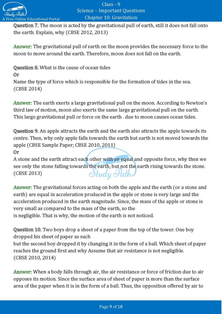 Important Questions for Class 9 Science Chapter 10 Gravitation – Study Path