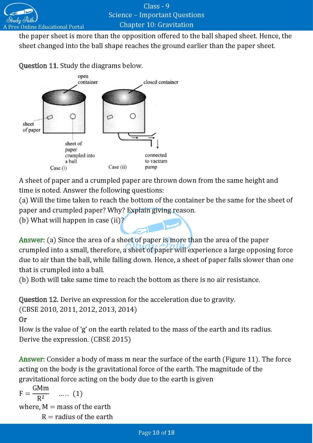 Important Questions for Class 9 Science Chapter 10 Gravitation – Study Path