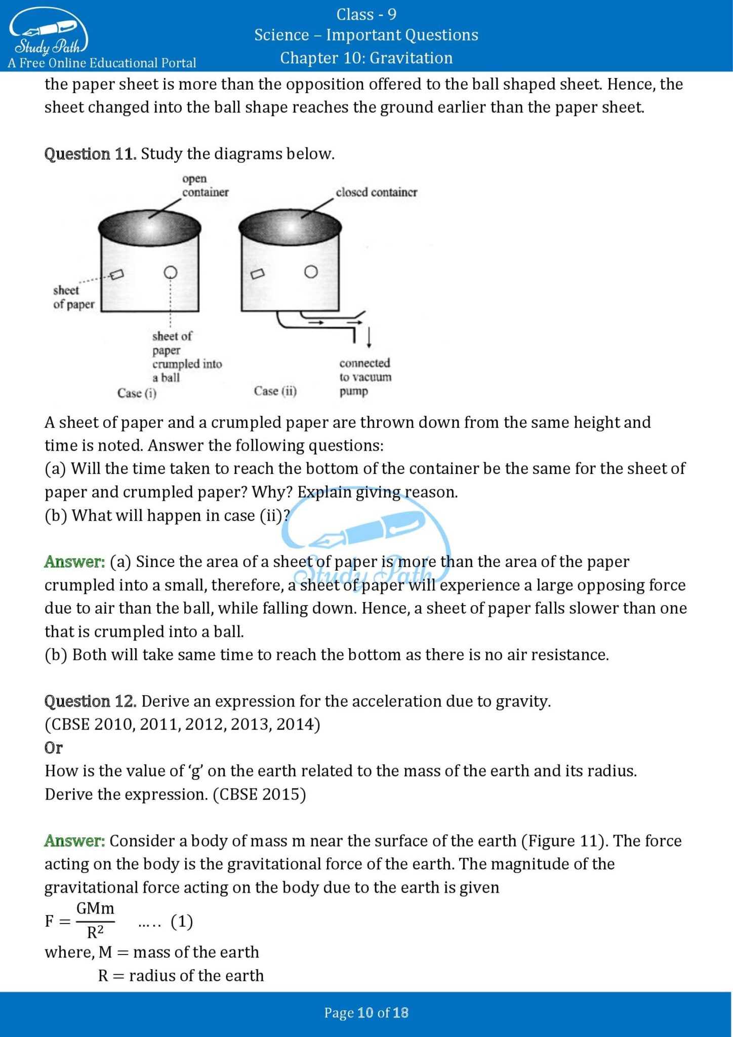 Important Questions for Class 9 Science Chapter 10 Gravitation – Study Path