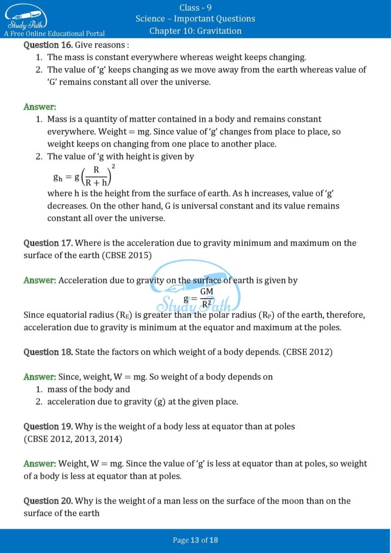 Important Questions for Class 9 Science Chapter 10 Gravitation – Study Path