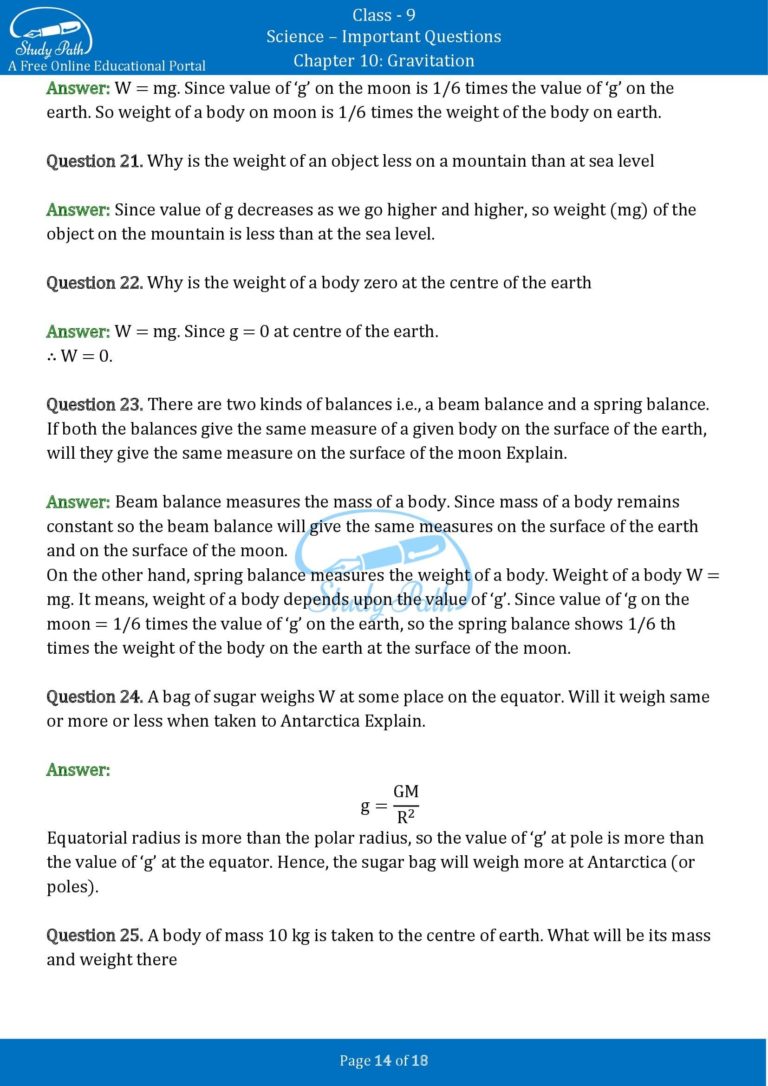 Important Questions for Class 9 Science Chapter 10 Gravitation – Study Path