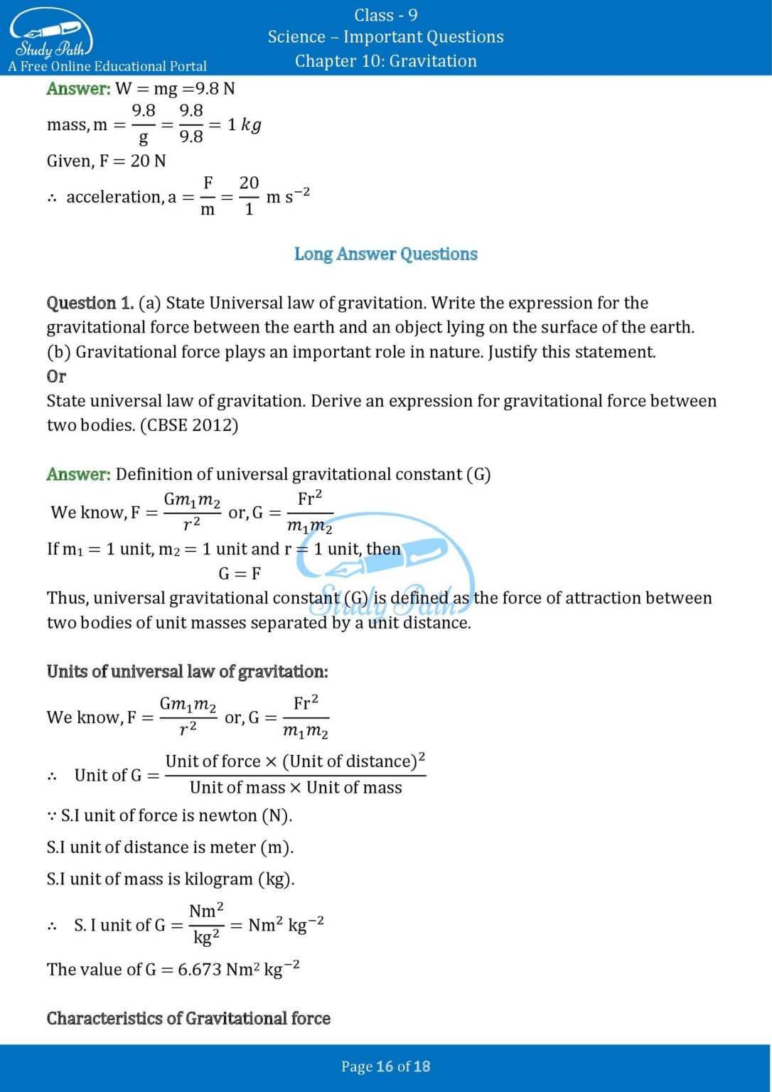 Important Questions for Class 9 Science Chapter 10 Gravitation – Study Path