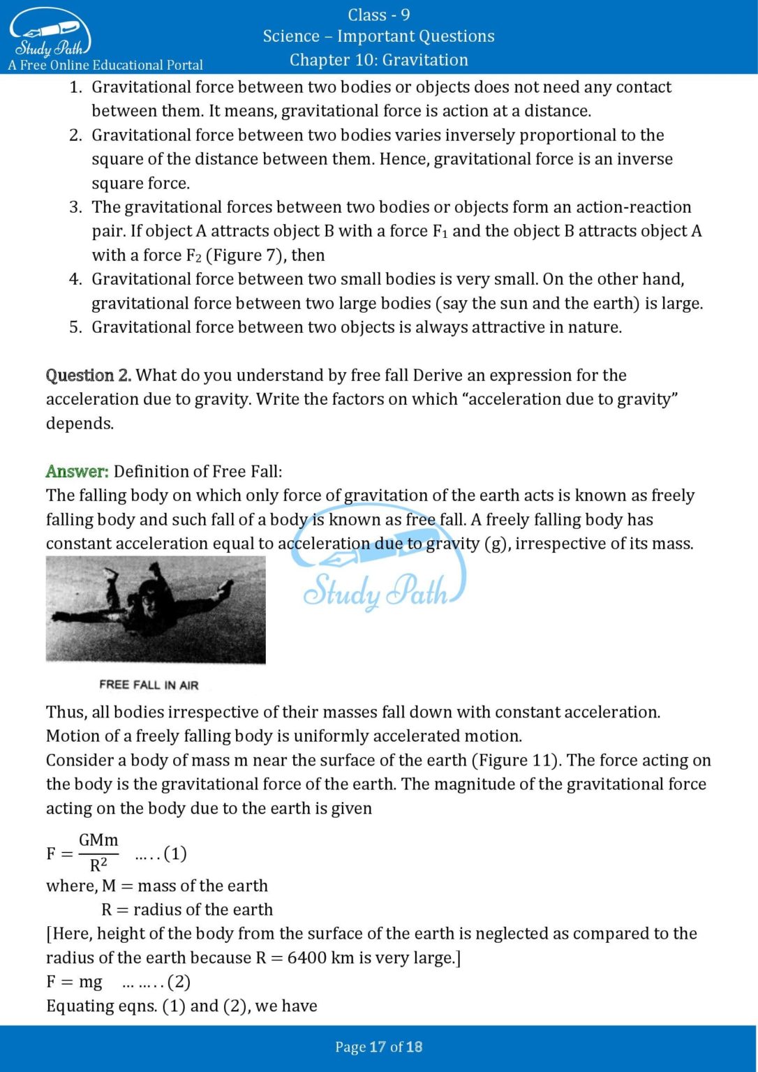 Important Questions for Class 9 Science Chapter 10 Gravitation – Study Path