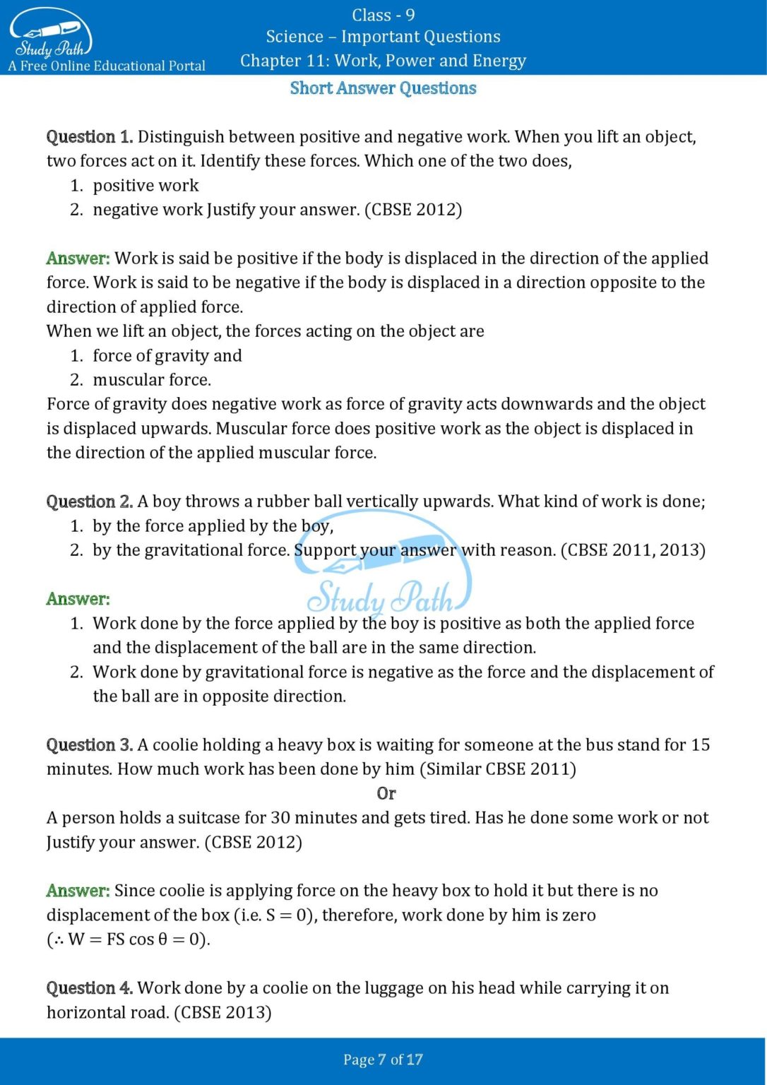 Important Questions for Class 9 Science Chapter 11 Work and Energy