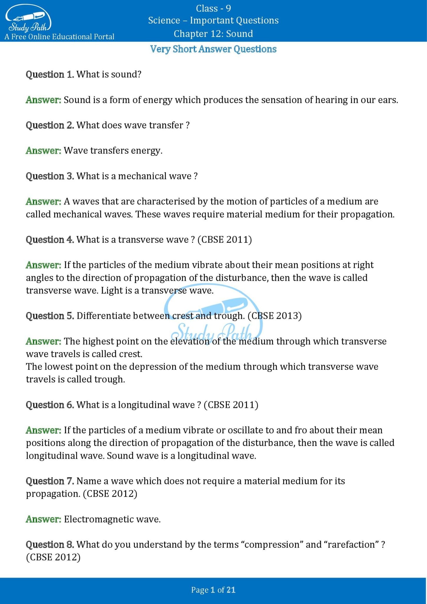 Important Questions for Class 9 Science Chapter 12 Sound – Study Path