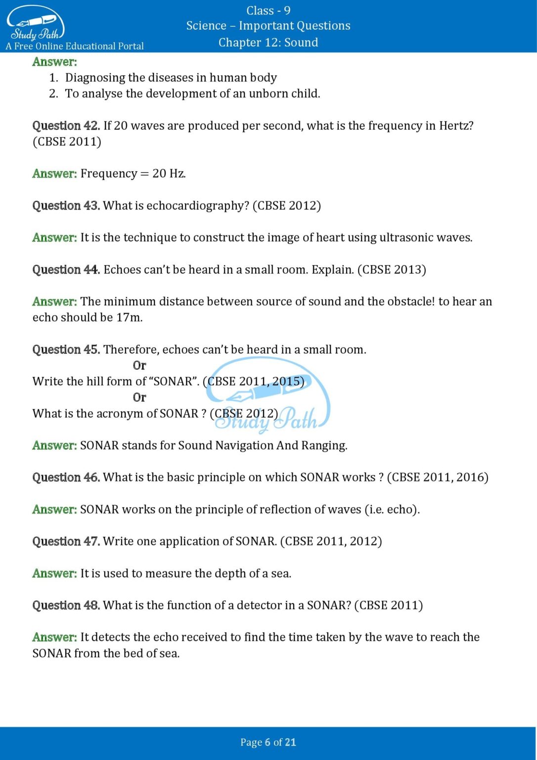 Important Questions for Class 9 Science Chapter 12 Sound – Study Path