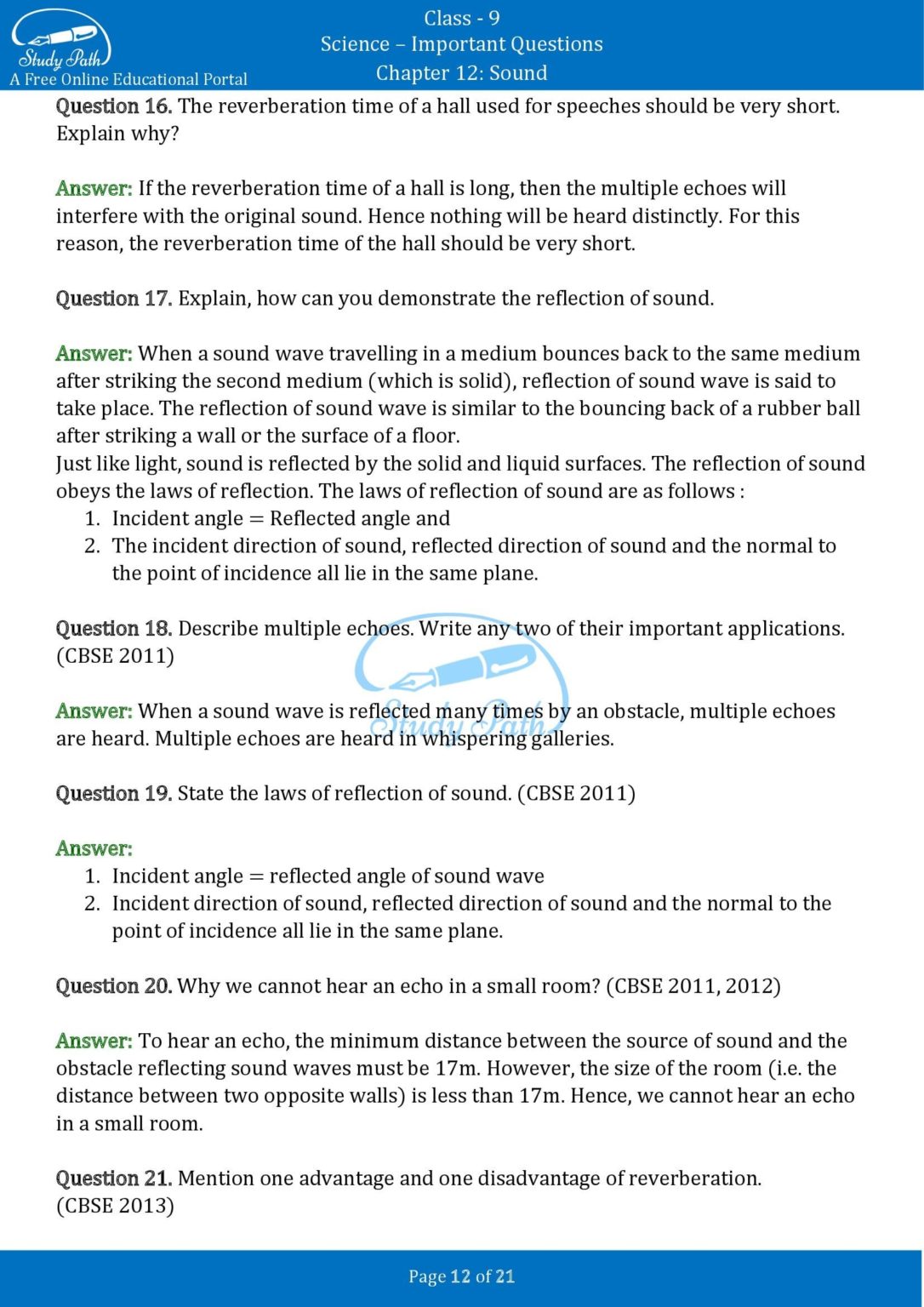 Important Questions for Class 9 Science Chapter 12 Sound – Study Path