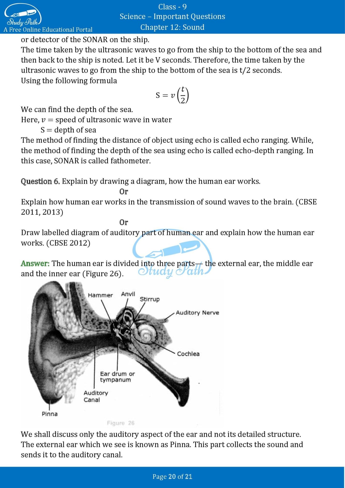 Important Questions for Class 9 Science Chapter 12 Sound – Study Path