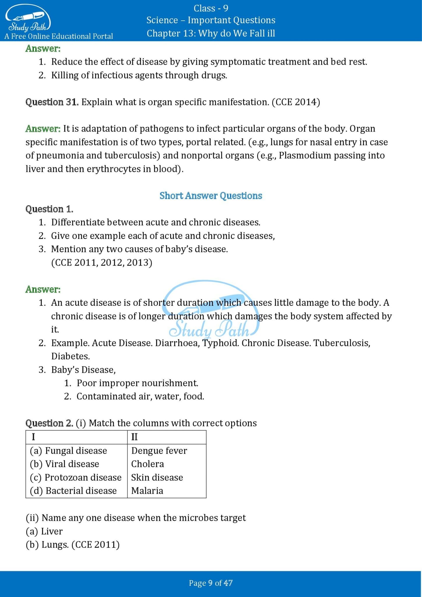 Important Questions for Class 9 Science Chapter 13 Why Do We Fall ill