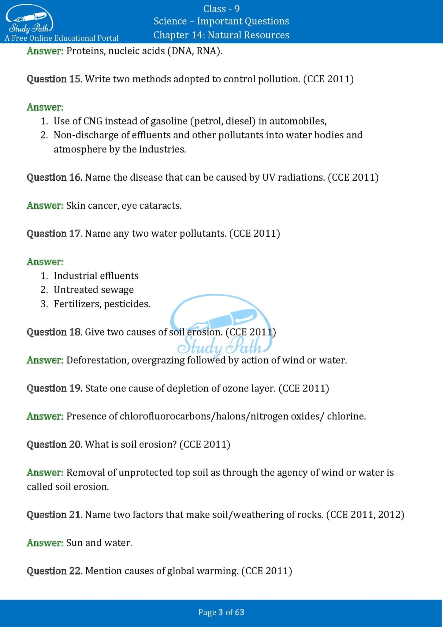 Important Questions for Class 9 Science Chapter 14 Natural Resources