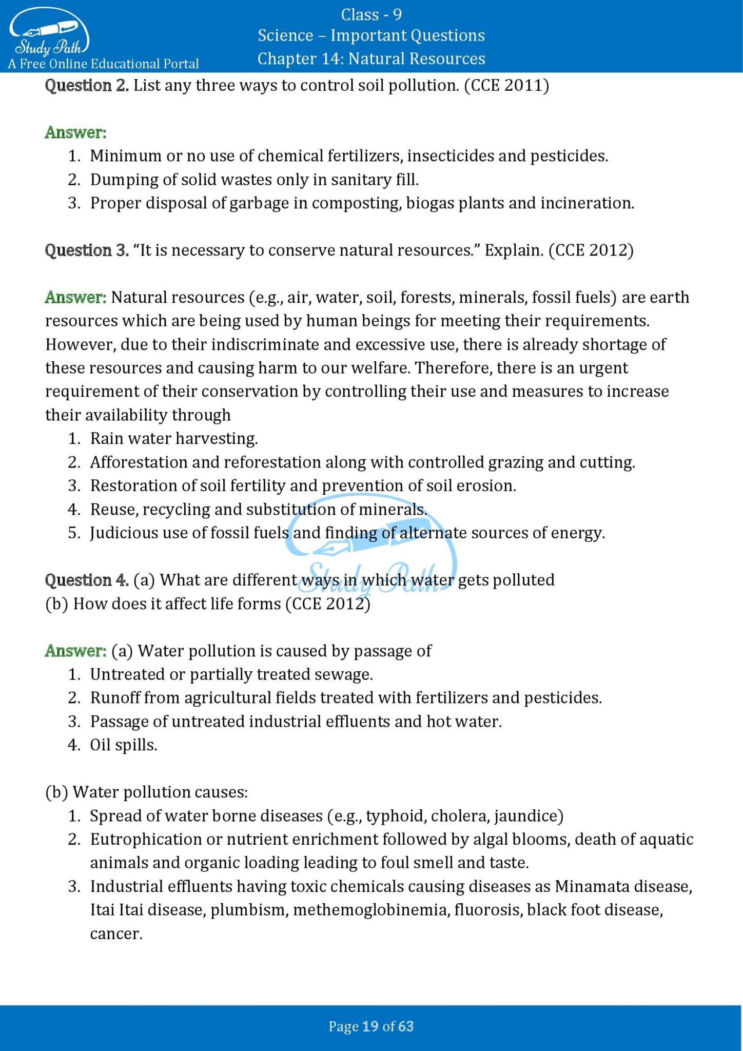 Important Questions for Class 9 Science Chapter 14 Natural Resources