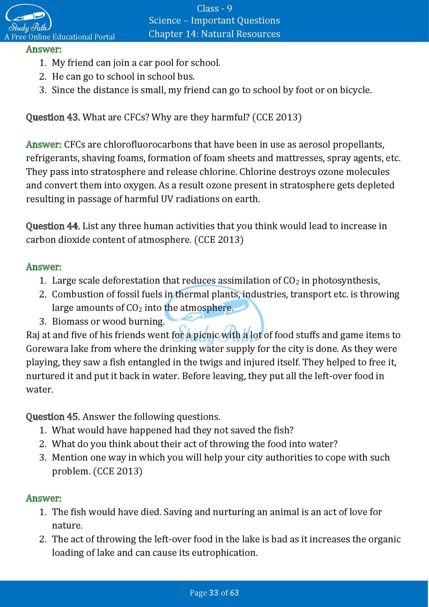 Important Questions for Class 9 Science Chapter 14 Natural Resources