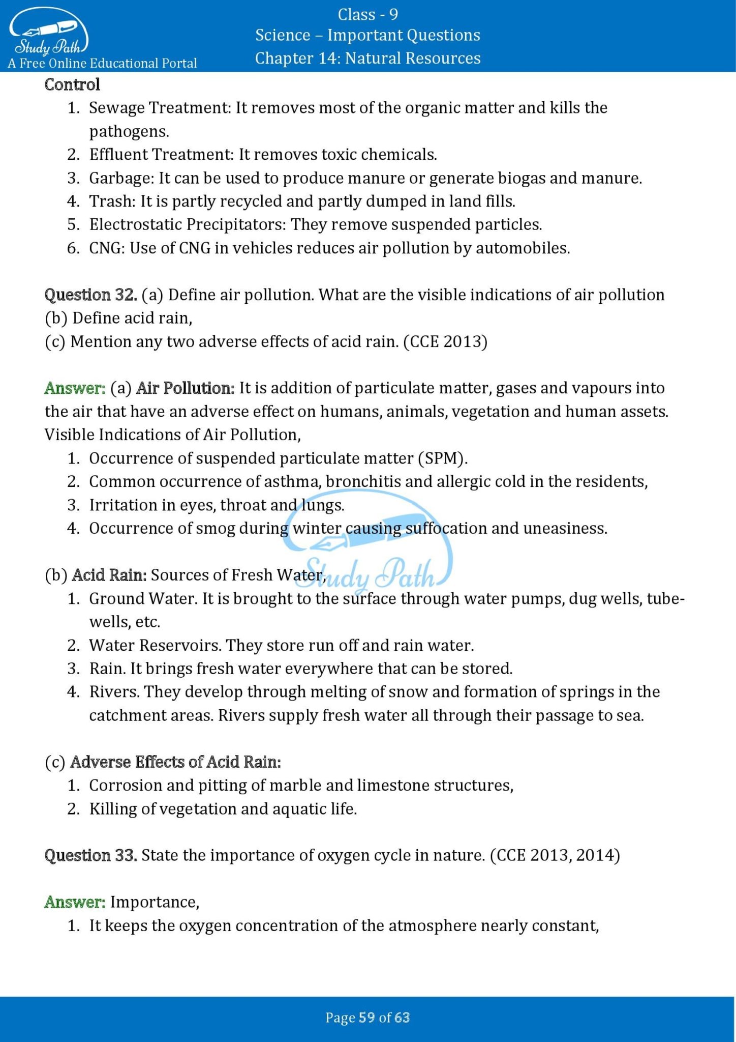 Important Questions for Class 9 Science Chapter 14 Natural Resources