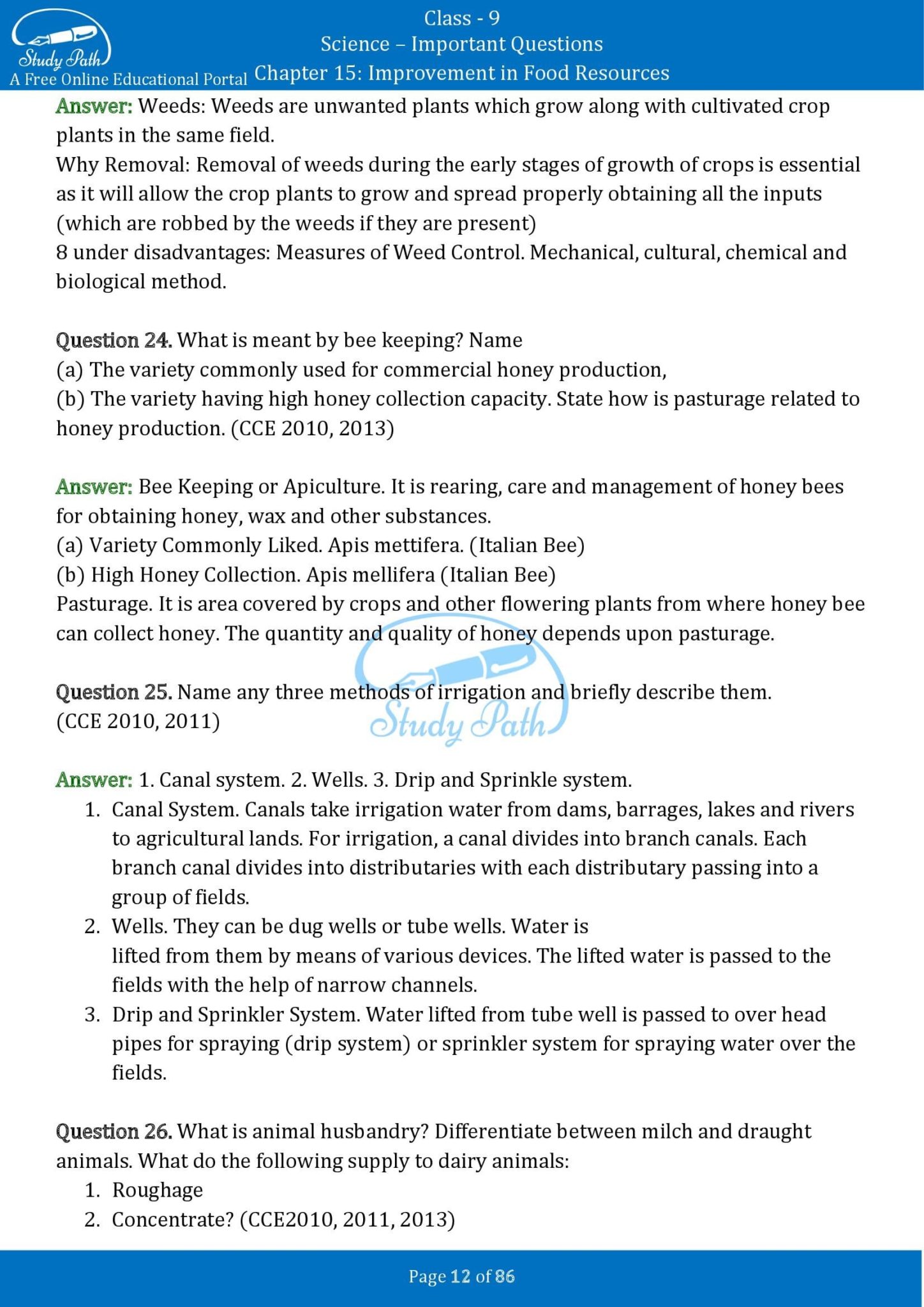Important Questions for Class 9 Science Chapter 15 Improvement in Food ...