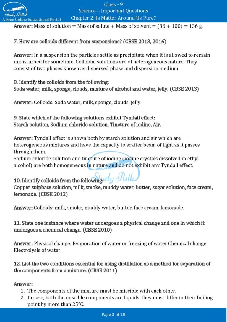 Important Questions for Class 9 Science Chapter 2 Is Matter Around Us Pure