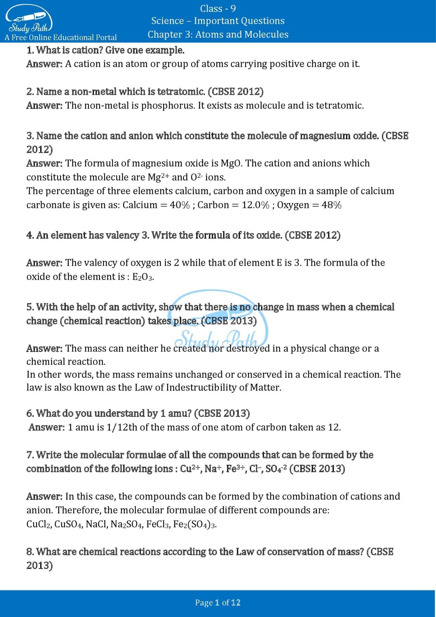 Important Questions For Class 9 Science Chapter 3 Atoms And Molecules