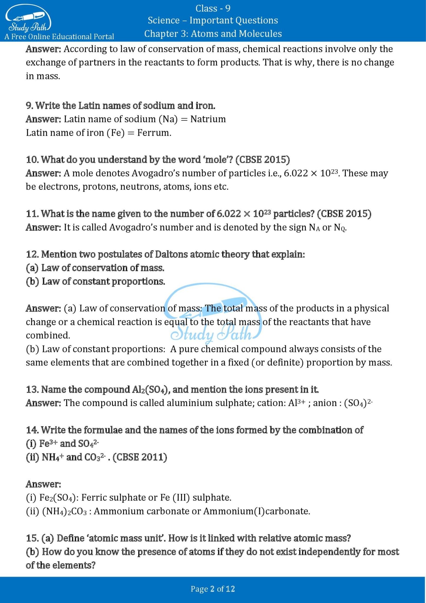 Important Questions for Class 9 Science Chapter 3 Atoms and Molecules