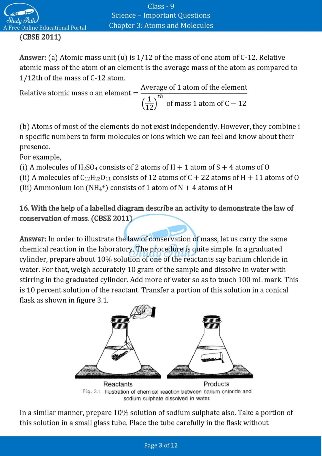 Important Questions for Class 9 Science Chapter 3 Atoms and Molecules