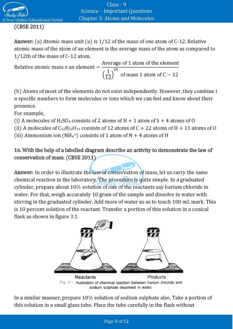 Important Questions for Class 9 Science Chapter 3 Atoms and Molecules