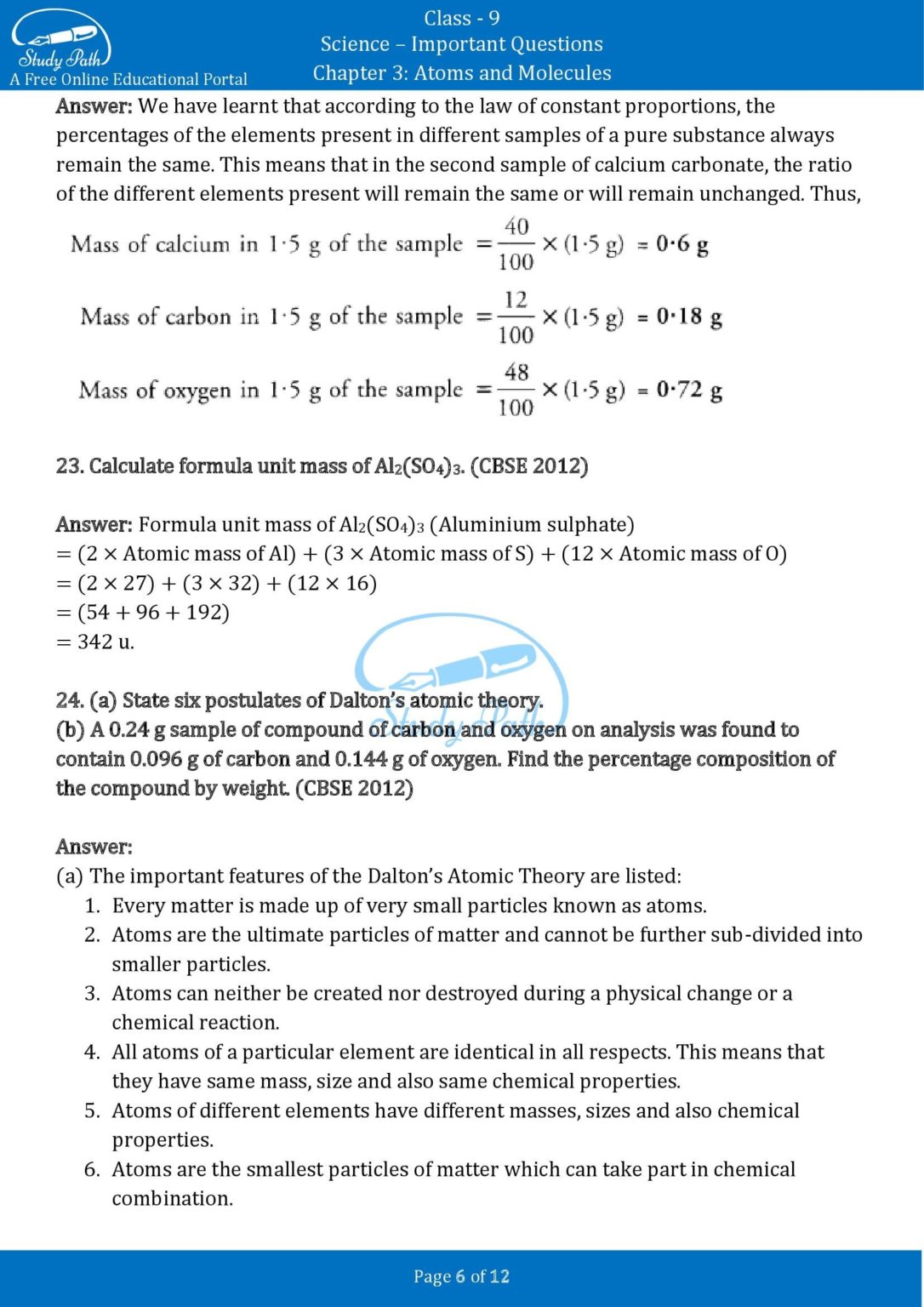 Important Questions for Class 9 Science Chapter 3 Atoms and Molecules