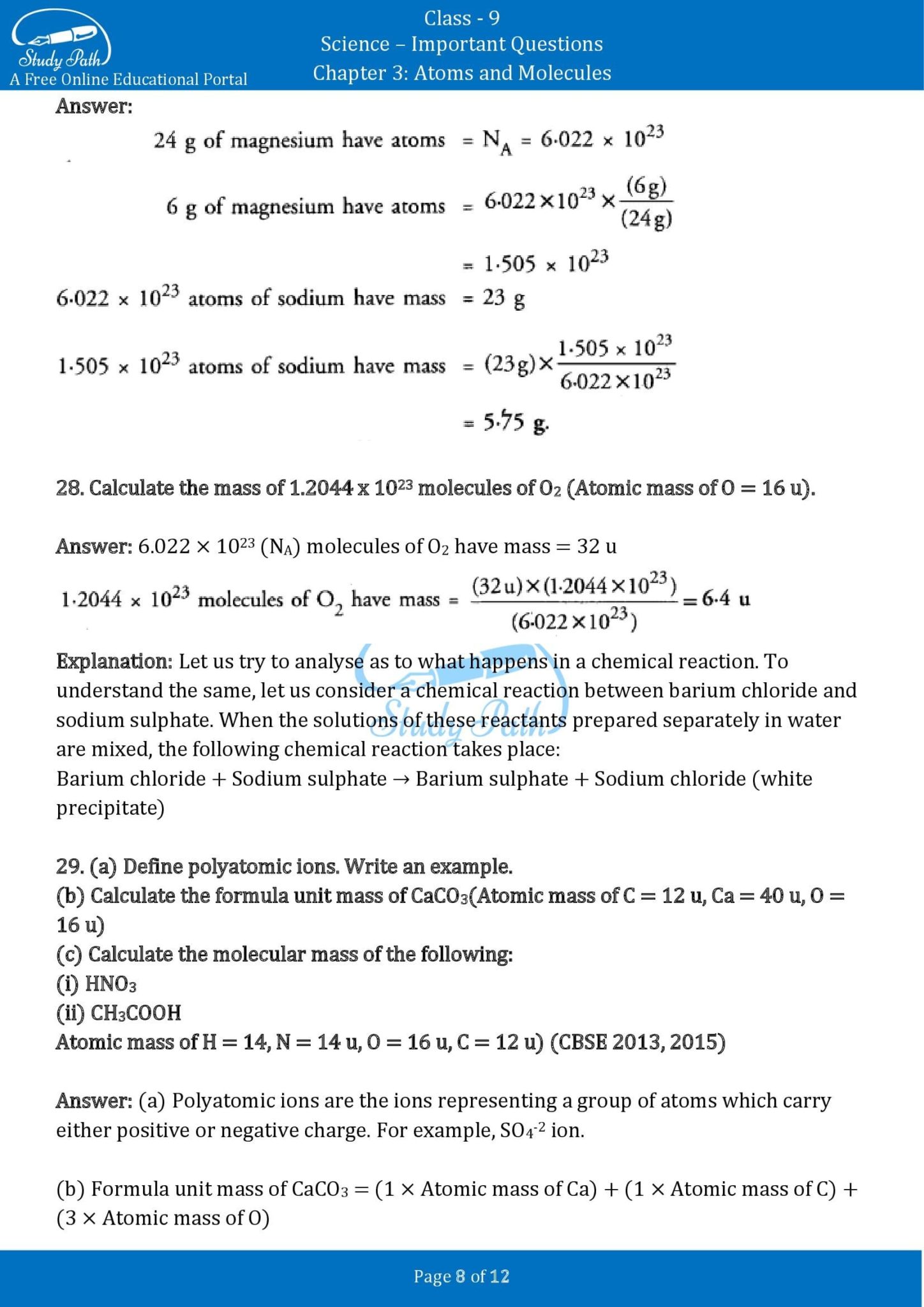 Important Questions for Class 9 Science Chapter 3 Atoms and Molecules Important Questions for Class 9 Science Chapter 3 Atoms and Molecules