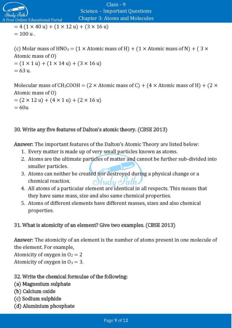 Important Questions for Class 9 Science Chapter 3 Atoms and Molecules