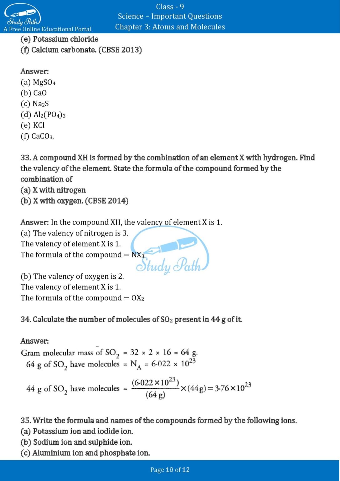 Important Questions for Class 9 Science Chapter 3 Atoms and Molecules