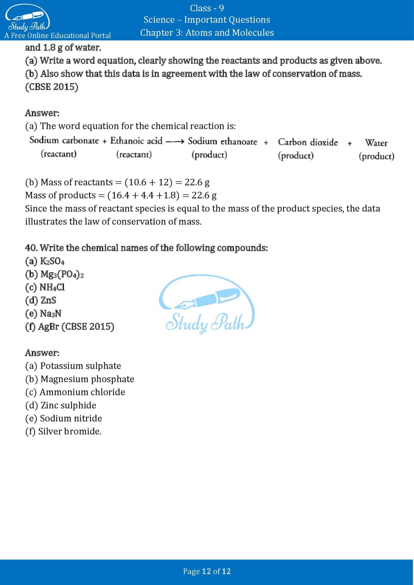 Important Questions for Class 9 Science Chapter 3 Atoms and Molecules
