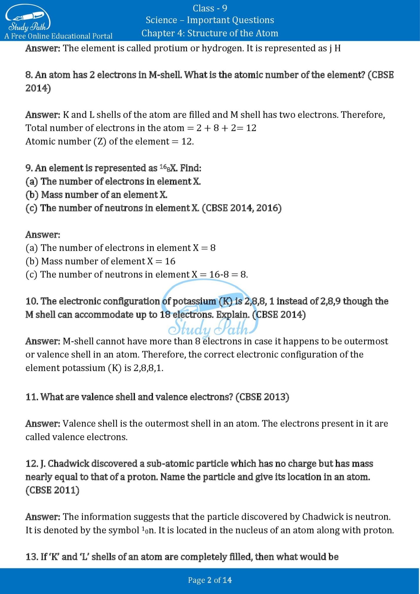 Important Questions for Class 9 Science Chapter 4 Structure of the Atom