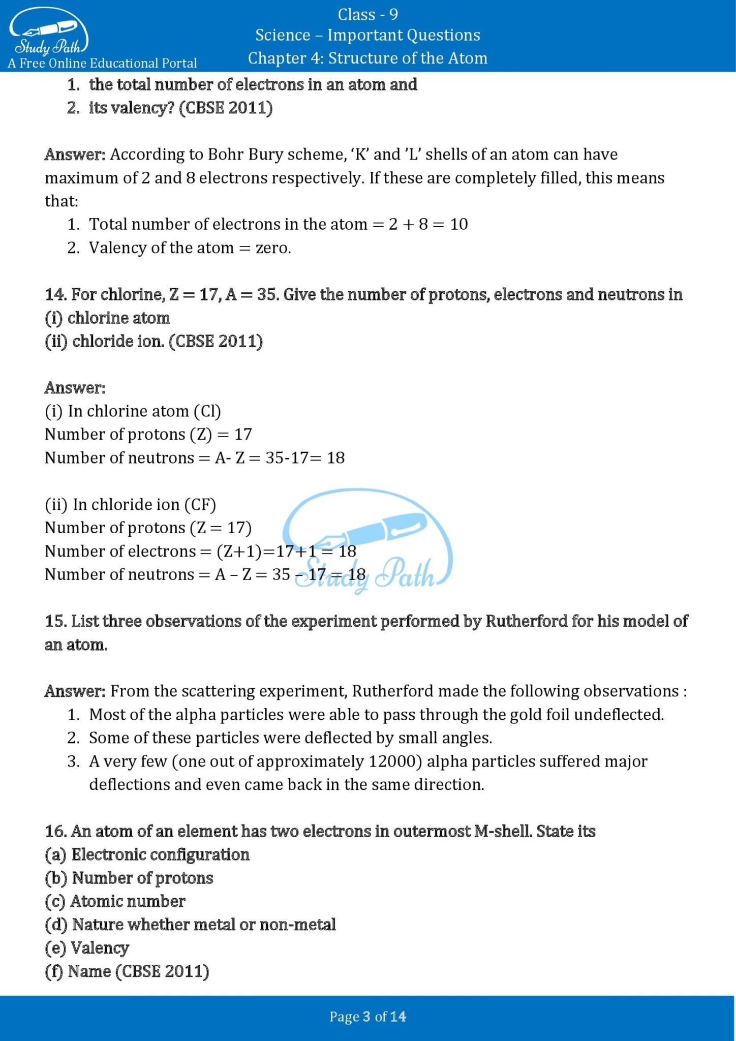 Important Questions for Class 9 Science Chapter 4 Structure of the Atom