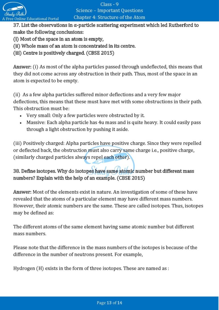 Important Questions for Class 9 Science Chapter 4 Structure of the Atom
