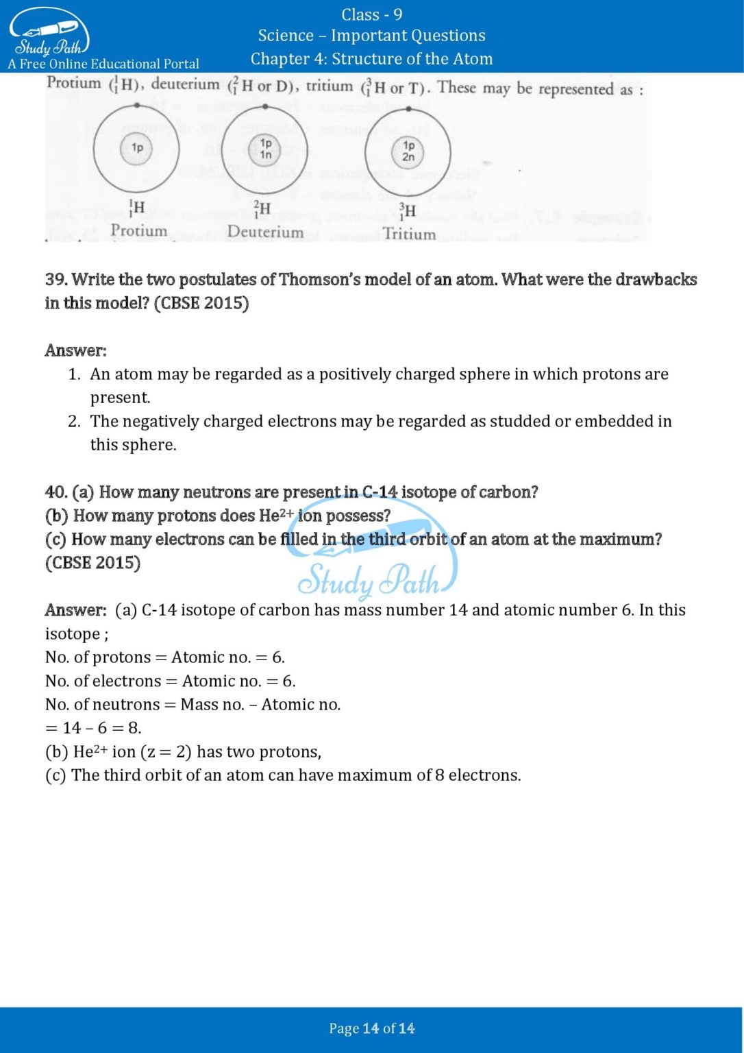Important Questions for Class 9 Science Chapter 4 Structure of the Atom