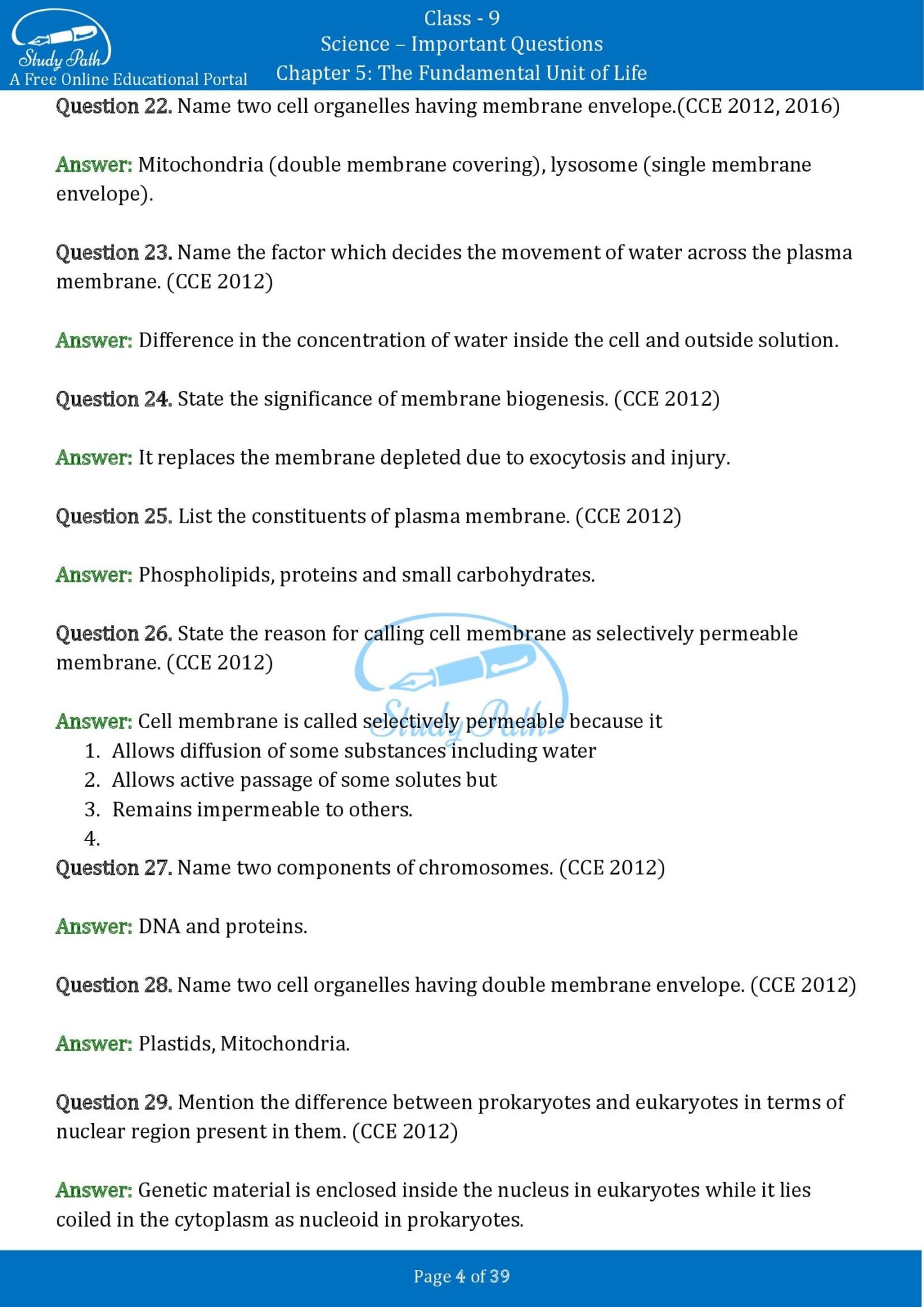 Important Questions for Class 9 Science Chapter 5 The Fundamental Unit ...