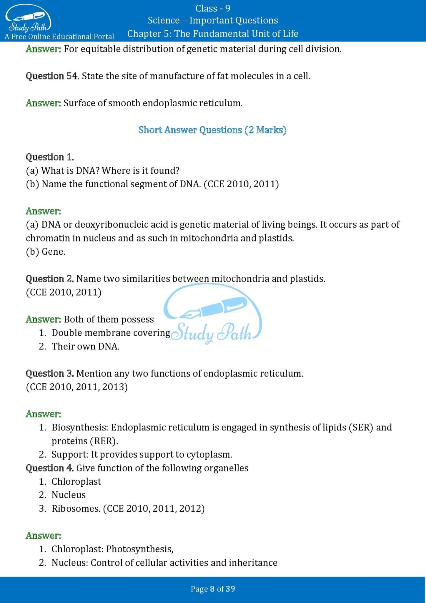 Important Questions for Class 9 Science Chapter 5 The Fundamental Unit ...