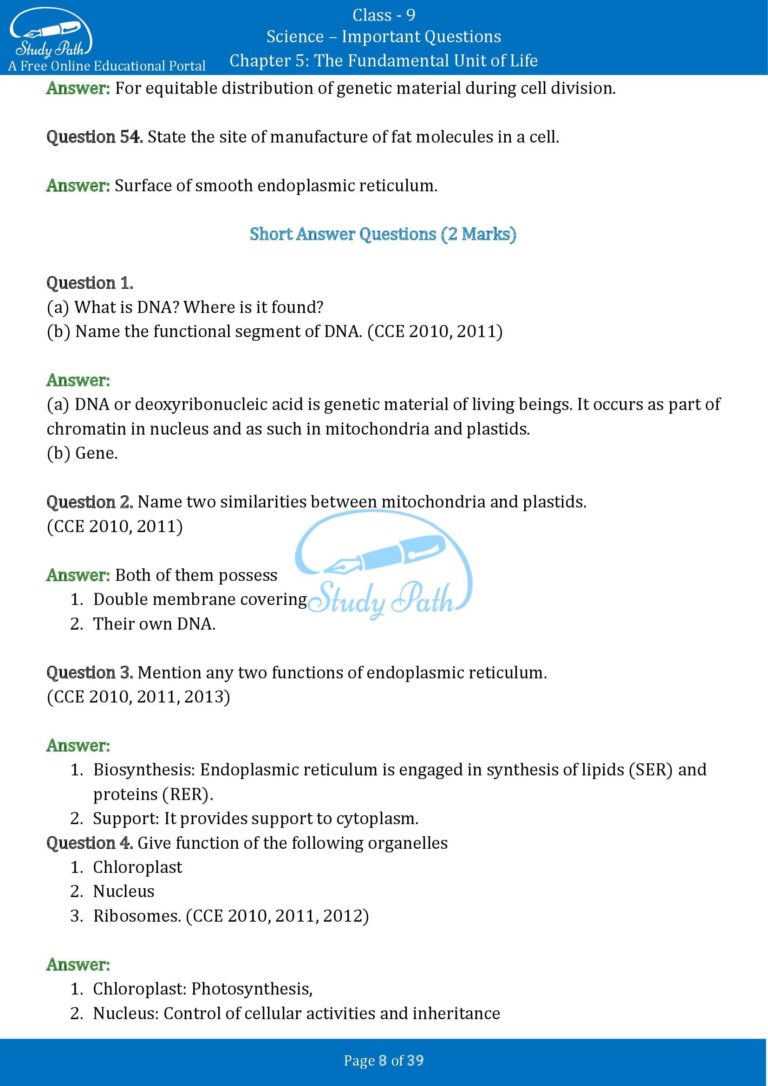 Important Questions for Class 9 Science Chapter 5 The Fundamental Unit ...